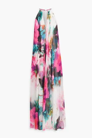 Badgley Mischka Gathered Printed Chiffon Maxi Dress