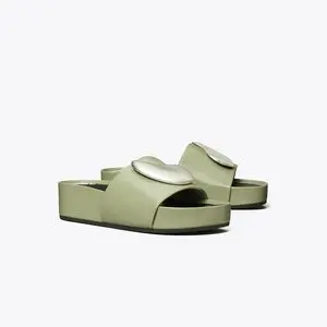 Tory Burch Patent Leather Platform Slides With Metal Detail - Light Jade/silver