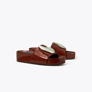 Tory Burch Patent Leather Platform Slides With Metal Detail - Russet Brown/silver
