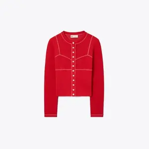Tory Burch Cotton And Nylon Mesh Cardigan - Bright Red/white
