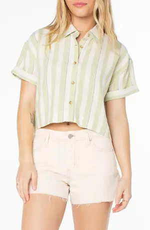 Roxy Kula Linen Blend Crop Button-up Shirt - Tarragon Horizon Stripe