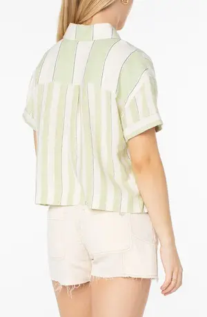 Roxy Kula Linen Blend Crop Button-up Shirt - Tarragon Horizon Stripe