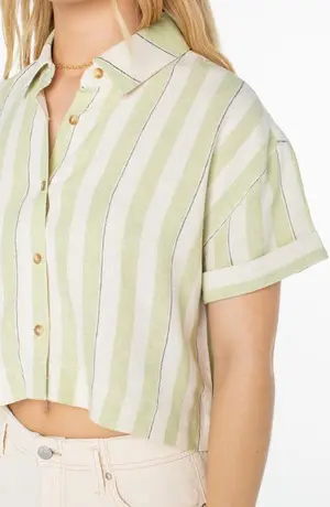 Roxy Kula Linen Blend Crop Button-up Shirt - Tarragon Horizon Stripe