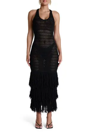 Naked Wardrobe Open Stitch Fringe Midi Dress
