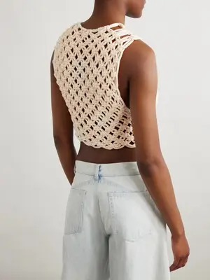 Alaïa Cropped Open-knit Cotton-blend Tank - Neutrals