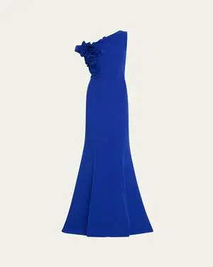 Rickie Freeman For Teri Jon One-shoulder Floral Applique Crepe Mermaid Gown - Cobalt