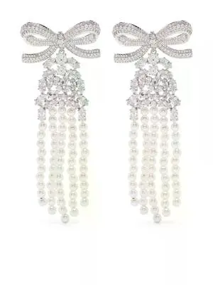 SELF-PORTRAIT Crystal Bow Pearl Drop Earrings - Silver