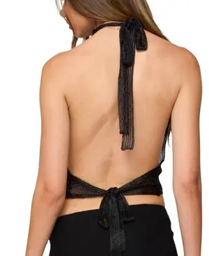 EDIKTED Shiny Knit Cowl Neck Backless Top - Black