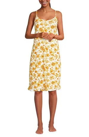 LANDS' END Cooling Knee Length Slip Nightgown - Pale Yellow Painted Floral