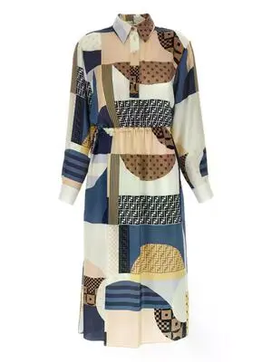Fendi Geometric-print Silk Belted Dress - Blue