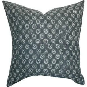 LINEN & JAMES Bailey | Blue Floral Handblock Pillow Cover - Navy