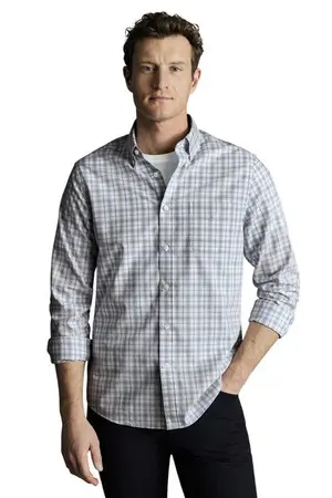 CHARLES TYRWHITT Non-iron Stretch Poplin Check Shirt Silver Grey