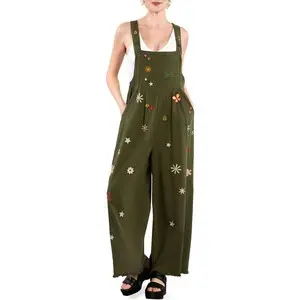 BILLY T Oooh La La Embroidered Wide Leg Denim Overalls - Olive
