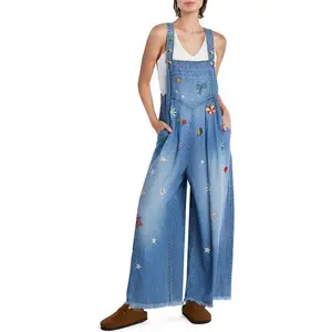 BILLY T Oooh La La Embroidered Wide Leg Denim Overalls - Vinatge Denim