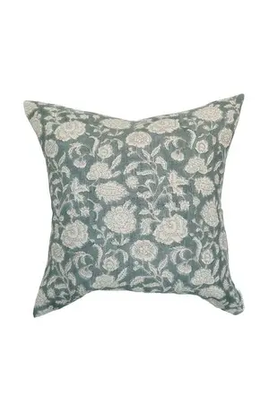LINEN & JAMES Lauren | Floral Handblock Pillow Cover - Dusty Blue