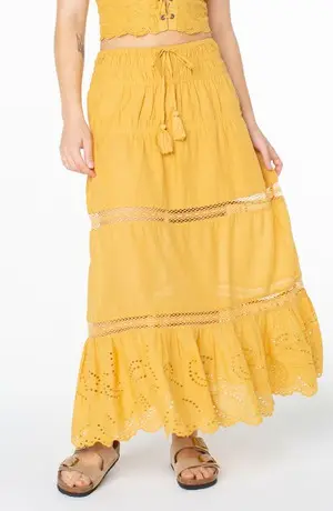 Roxy Embroidered Cotton Maxi Skirt - Amber Gold Solid