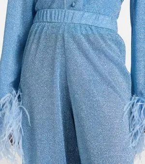 Oseree Lumière Feather-trimmed Wide-leg Pants - Blue