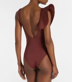 Johanna Ortiz Asymmetric Ruffled Swimsuit - Red