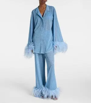 Oseree Lumiere Feather-trimmed Wide-leg Pants - Blue
