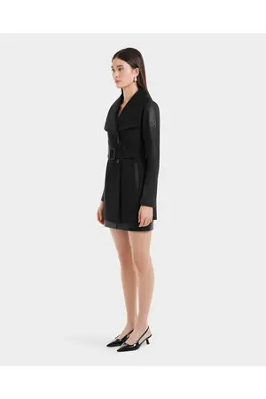 Rudsak Fitted Neoprene Wrap Coat With Recycled Leather Sleeves