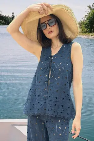 Miguelina Patchwork Eyelet Reversible Top - Blue