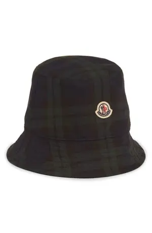Moncler Logo Patch Plaid Bucket Hat - Blue