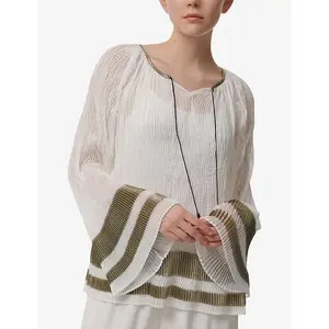 LEEM Pleated Contrast Stripe Woven Top