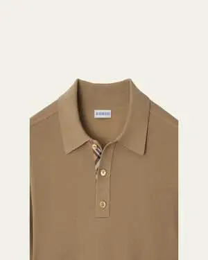 Burberry Check-placket Wool Knit Polo Shirt - Flax