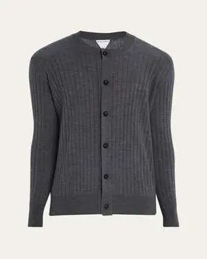 Bottega Veneta Ribbed Wool Cardigan With Leather Buttons - Antracite