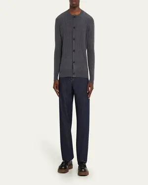 Bottega Veneta Ribbed Wool Cardigan With Leather Buttons - Antracite