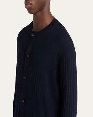 Bottega Veneta Ribbed Wool Cardigan With Leather Buttons - Antracite
