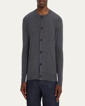 Bottega Veneta Ribbed Wool Cardigan With Leather Buttons - Antracite
