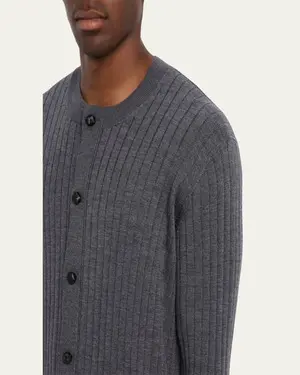Bottega Veneta Ribbed Wool Cardigan With Leather Buttons - Antracite