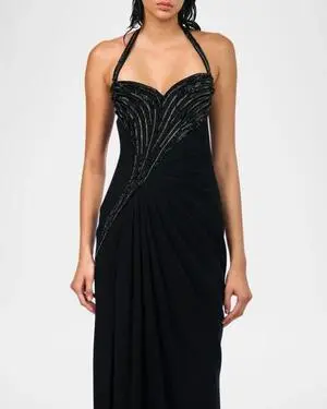 GAURAV GUPTA Athena Embroidered Draped Halter Gown - Black