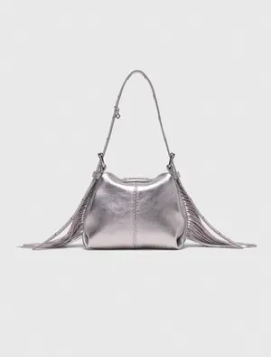 Maje Metallic Leather Miss M Micro Bag With Fringe - Silver