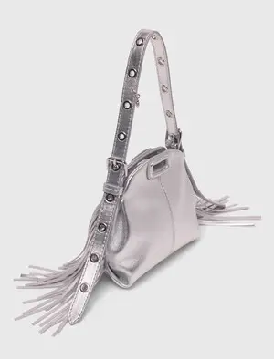 Maje Metallic Leather Miss M Micro Bag With Fringe - Silver