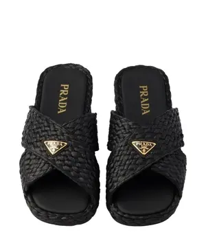 Prada Raffia Crisscross Slides - Black