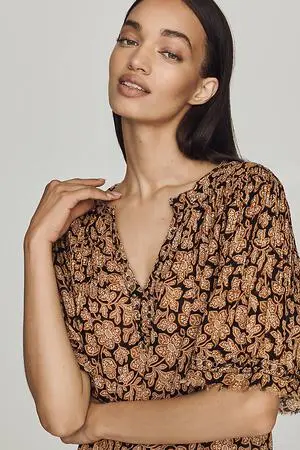 Anthropologie Trina Pintuck Short-sleeve Swing Top - Black Pattern