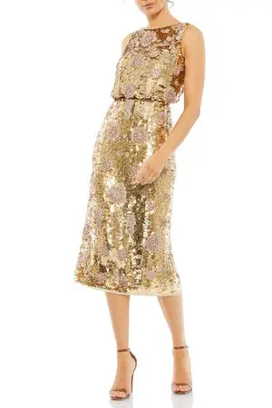 Mac Duggal Hand Beaded High Neck Midi Dress - Gold Amethyst