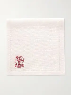 Brunello Cucinelli Logo-embroidered Knitted Silk Pocket Square - White