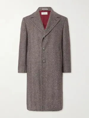 Brunello Cucinelli Herringbone Cashmere And Silk-blend Coat - Brown