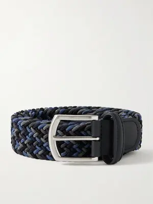 Anderson's 3.5cm Leather-trimmed Woven Elastic Belt - Blue
