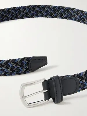 Anderson's 3.5cm Leather-trimmed Woven Elastic Belt - Blue
