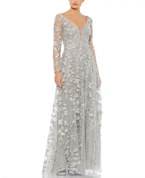Mac Duggal Floral Applique Illusion Gown - Platinum