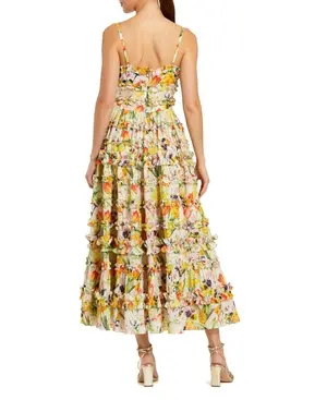 Mac Duggal Floral Print Ruffle Tiered Midi Dress - Yellow Multi