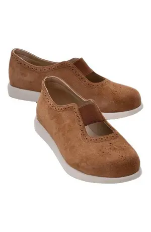 FOREVER & ALWAYS SHOES Chelle Elastic Leather Flat - Cognac Suede Leather