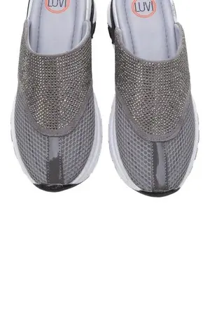 PROLOGUE SHOES Glea Mesh Rhinestone Mules - Grey Faux Leather