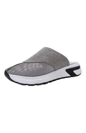 PROLOGUE SHOES Glea Mesh Rhinestone Mules - Grey Faux Leather
