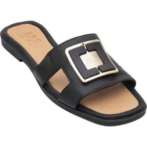 FOREVER & ALWAYS SHOES Millie Leather Buckle Slide - Black Leather