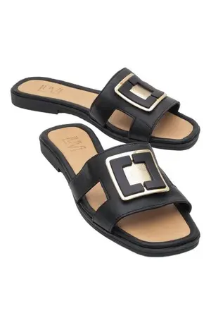 FOREVER & ALWAYS SHOES Millie Leather Buckle Slide - Black Leather